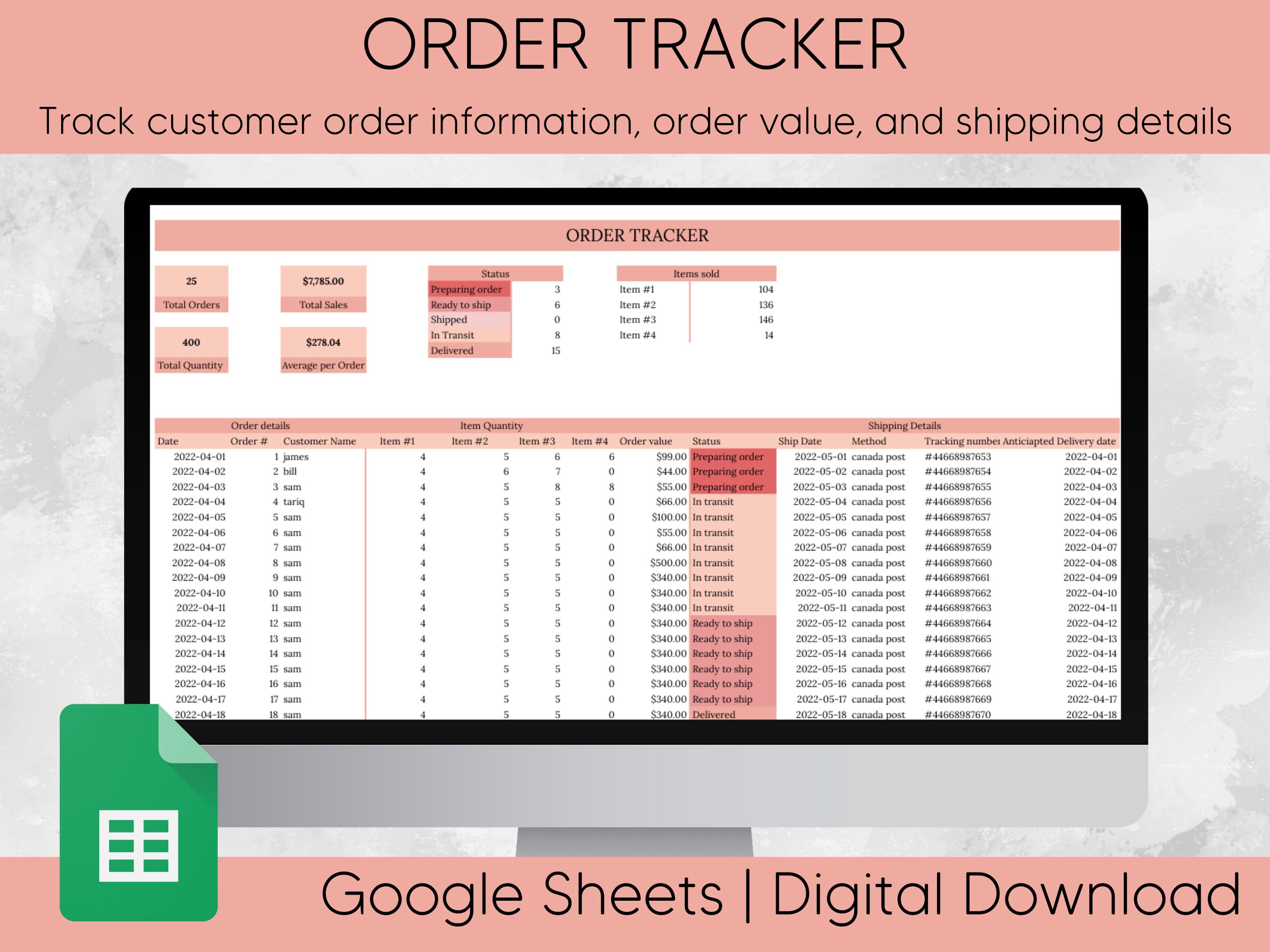 Order Tracker Spreadsheet, Inventory Manager, Order Tracker Google ...