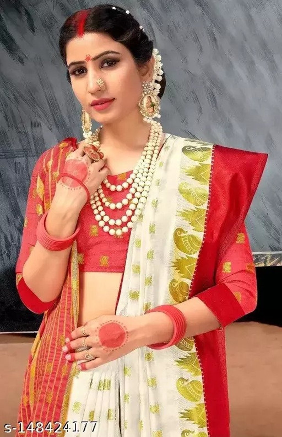 Beautiful Durga Puja White & Red Color Indian Saree for Women Girl ...