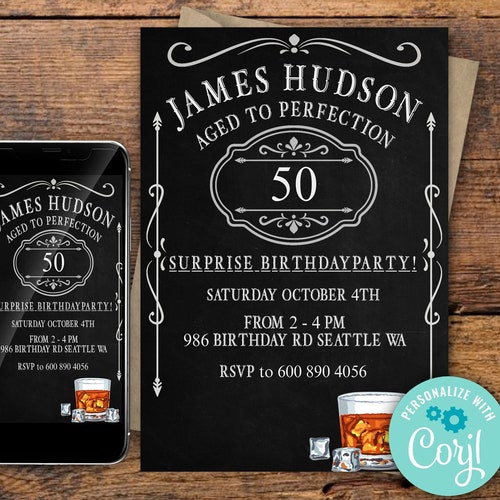 Whiskey Birthday Invitation Men Birthday Invitation Adult Etsy