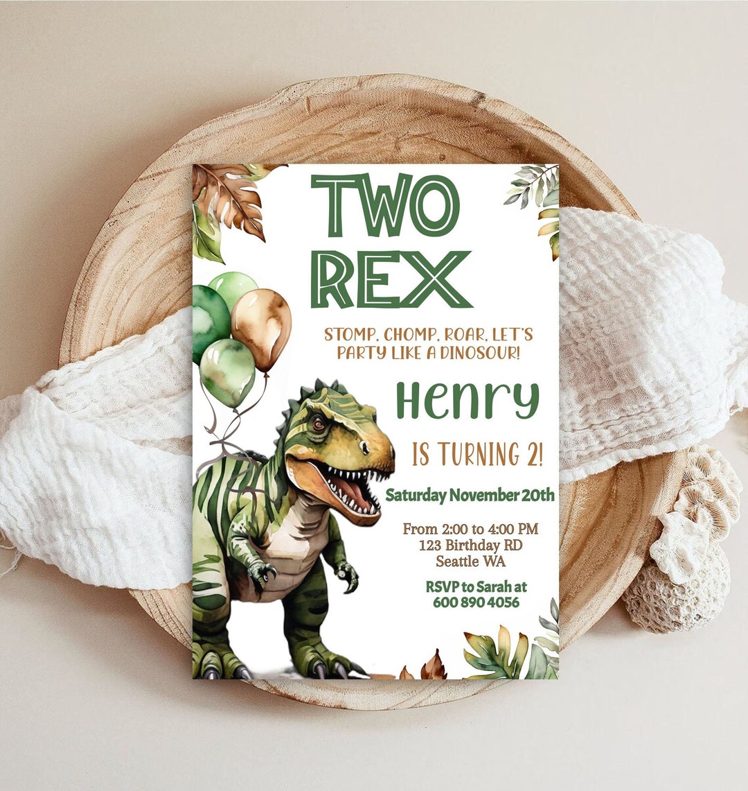 Two Rex Birthday Invitation, Dino Birthday Invite, Boy Dinosour ...