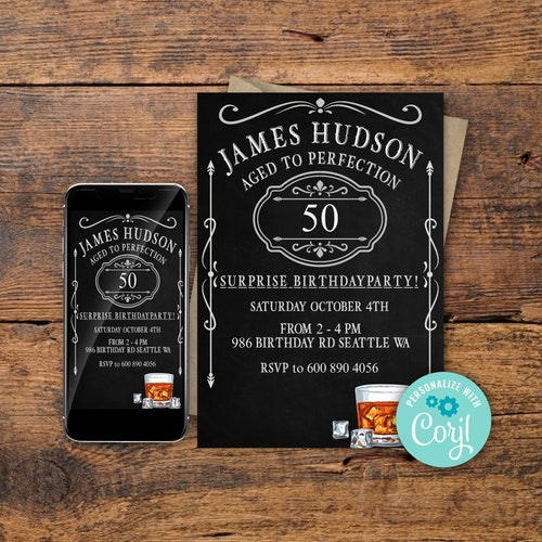 Editable Whiskey Birthday Invitation Mens Birthday Etsy
