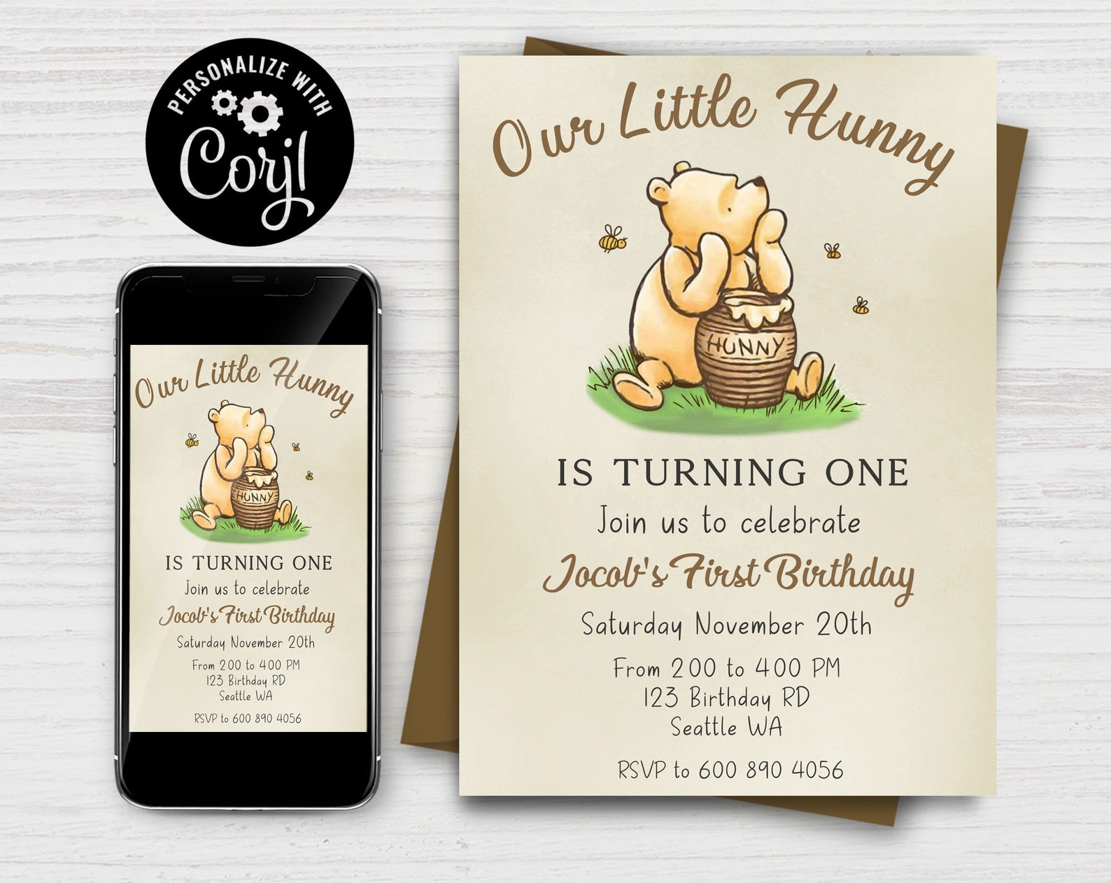 EDITABLE, Our Little Hunny is Turning One Birthday Invitation, 1st ...