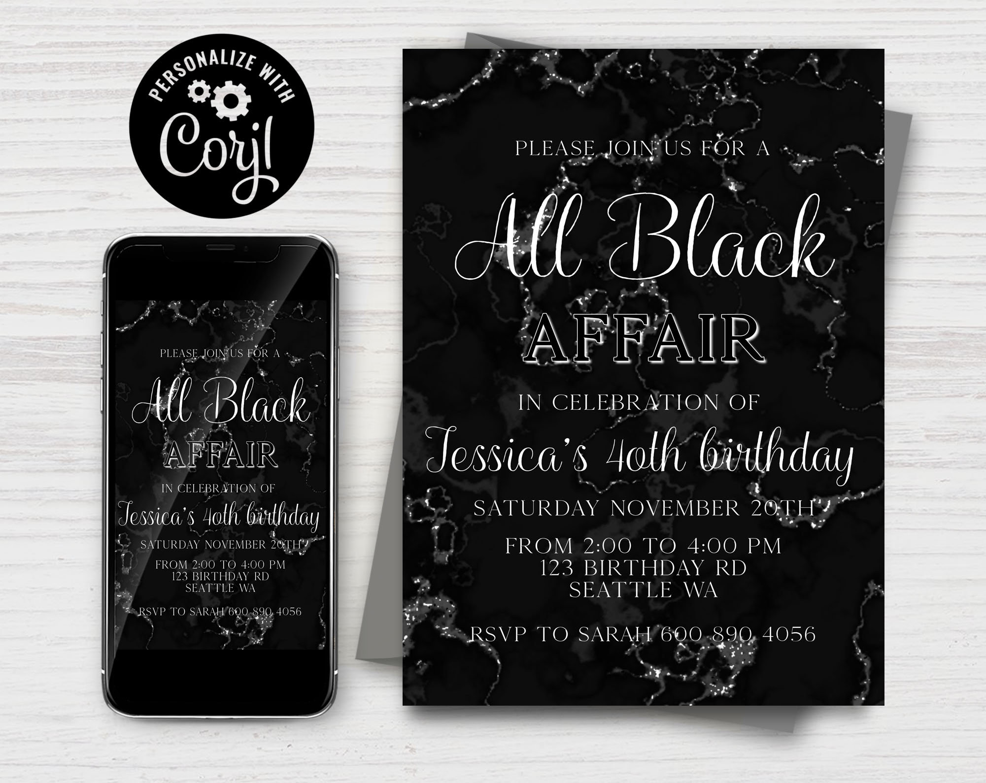 EDITABLE, All Black Party Invitation, All Black Affair, Marble Birthday ...