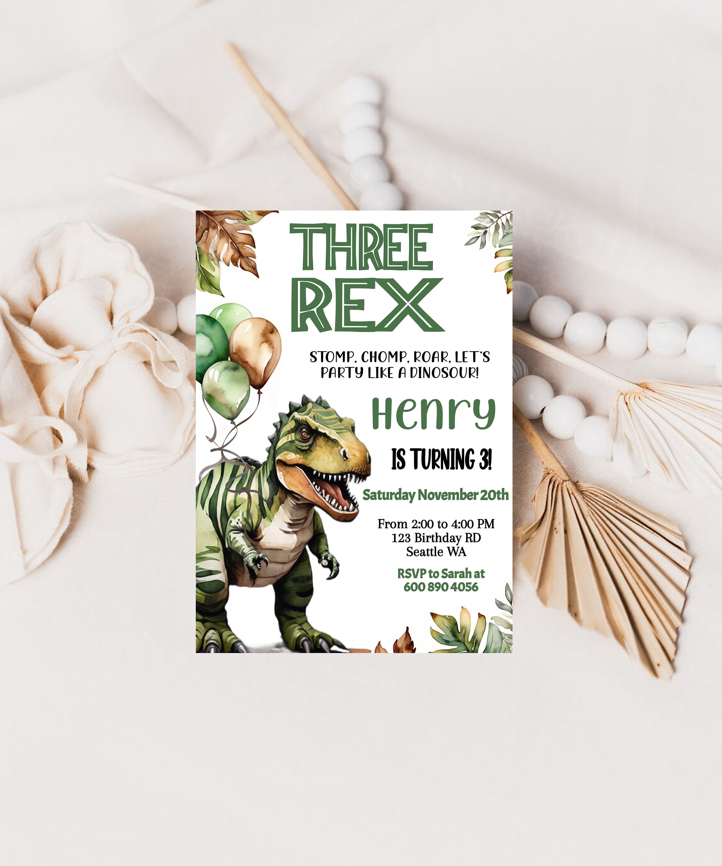 Three Rex Invitation, Boy Dinosour Invite, Dino Theme Editable Birthday ...