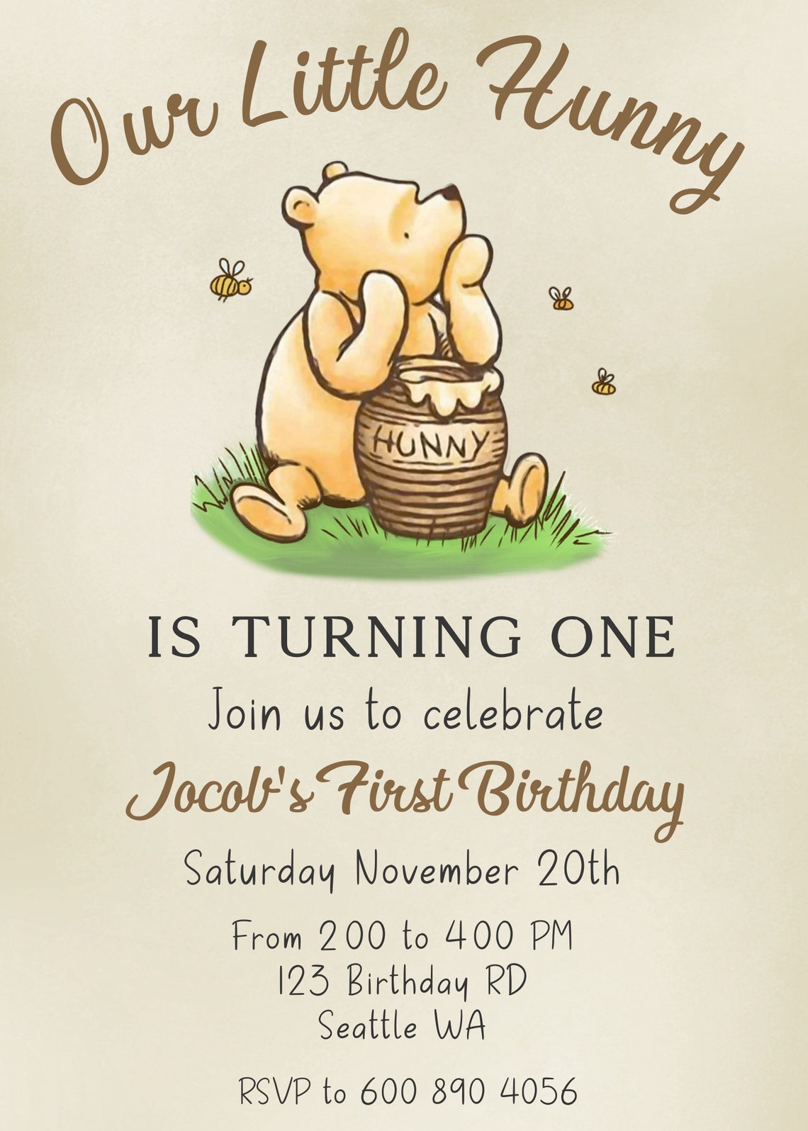 EDITABLE, Our Little Hunny is Turning One Birthday Invitation, 1st ...