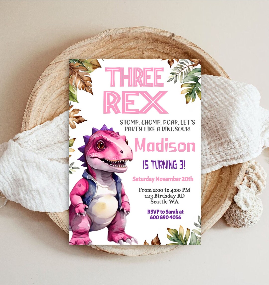 Three Rex Girl Dinosour Invite, Girl Theme Dino Invitation, Pink ...