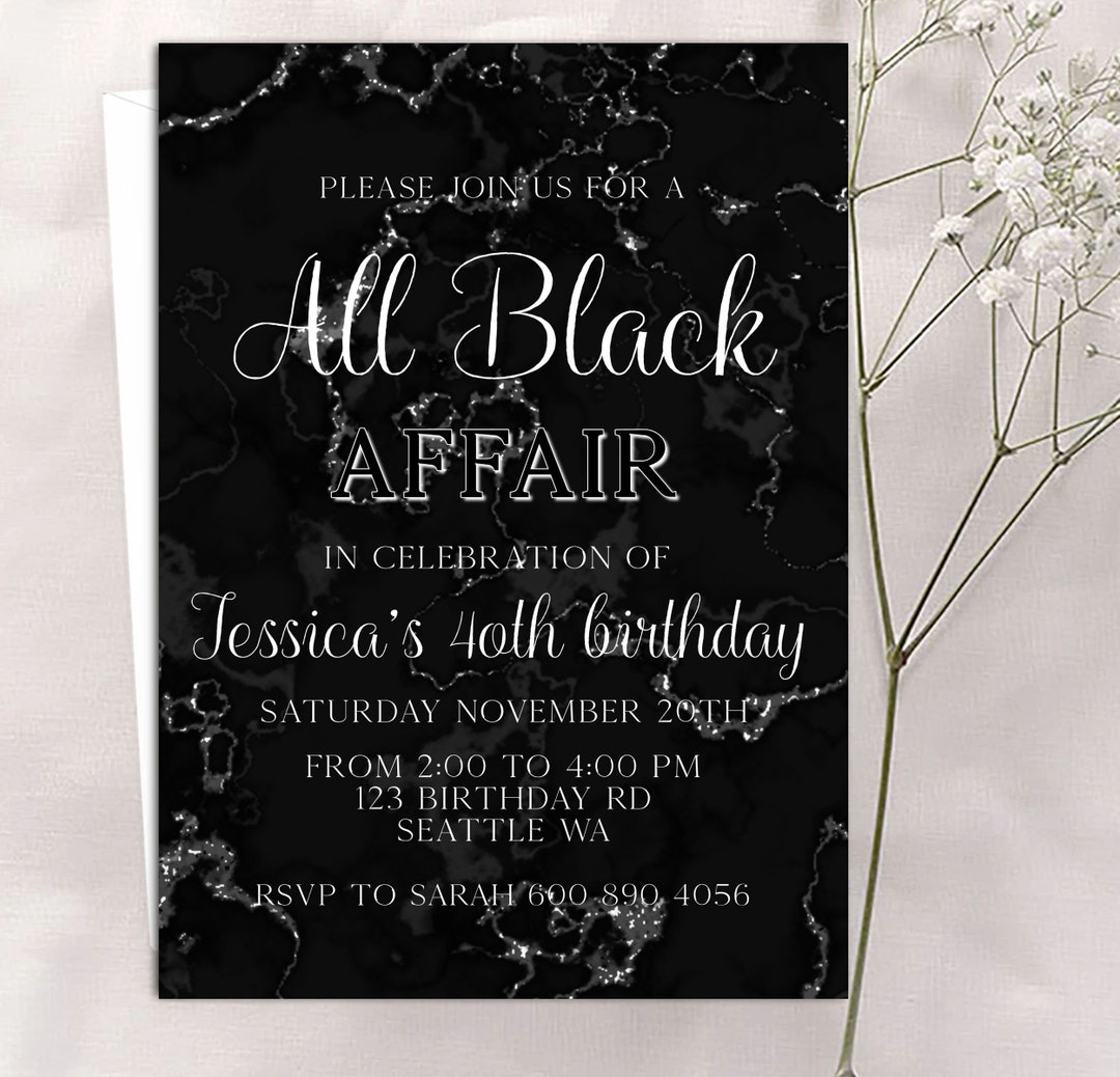EDITABLE, All Black Party Invitation, All Black Affair, Marble Birthday ...