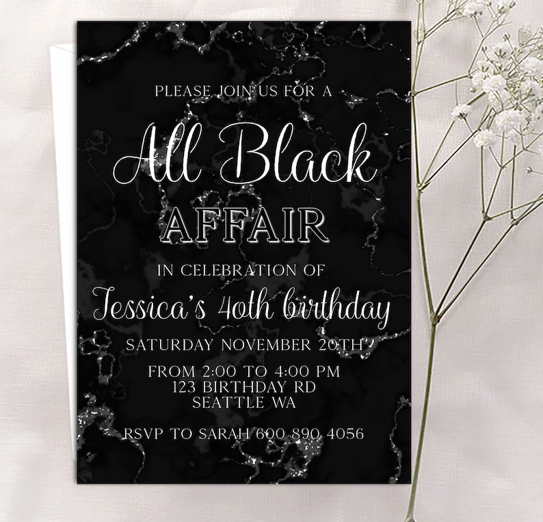 EDITABLE, All Black Party Invitation, All Black Affair, Marble Birthday ...