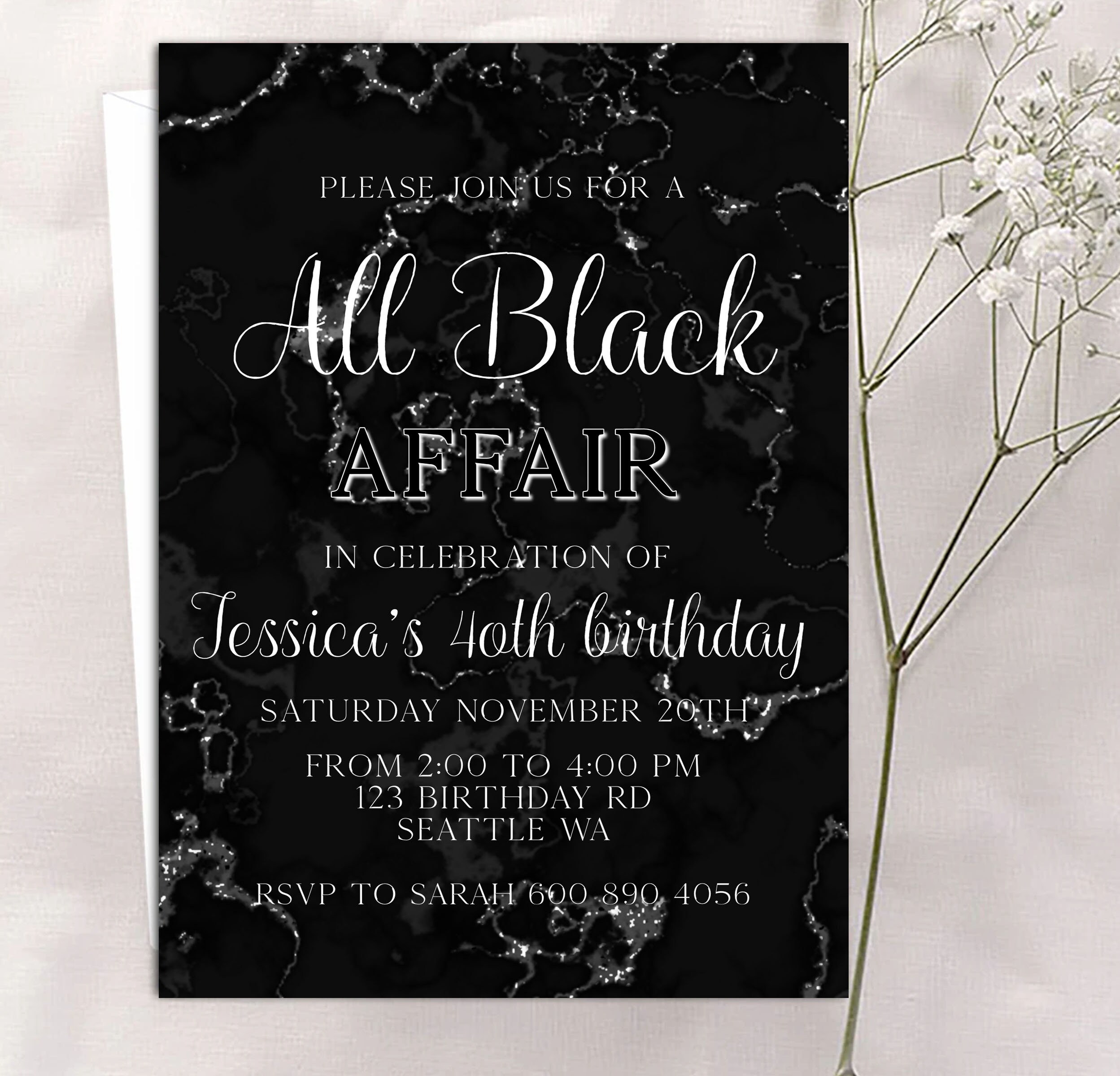 EDITABLE, All Black Party Invitation, All Black Affair, Marble Birthday ...
