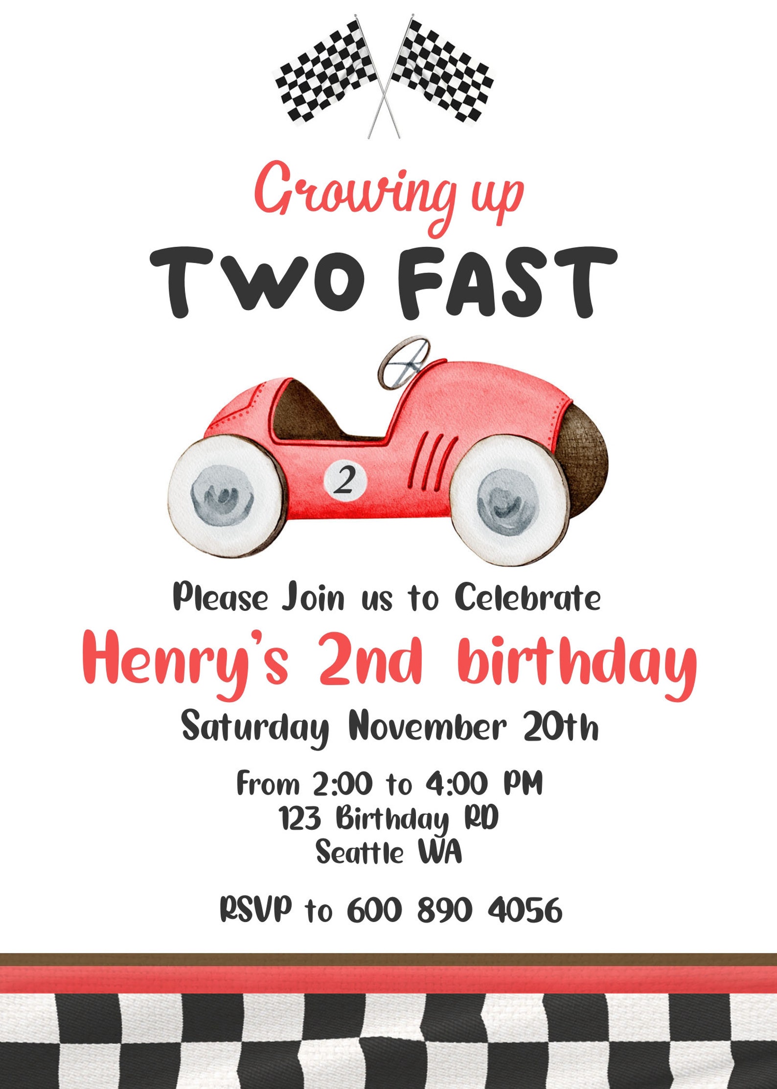 EDITABLE Racing Car Birthday Invitation Red Growing up Two | Etsy
