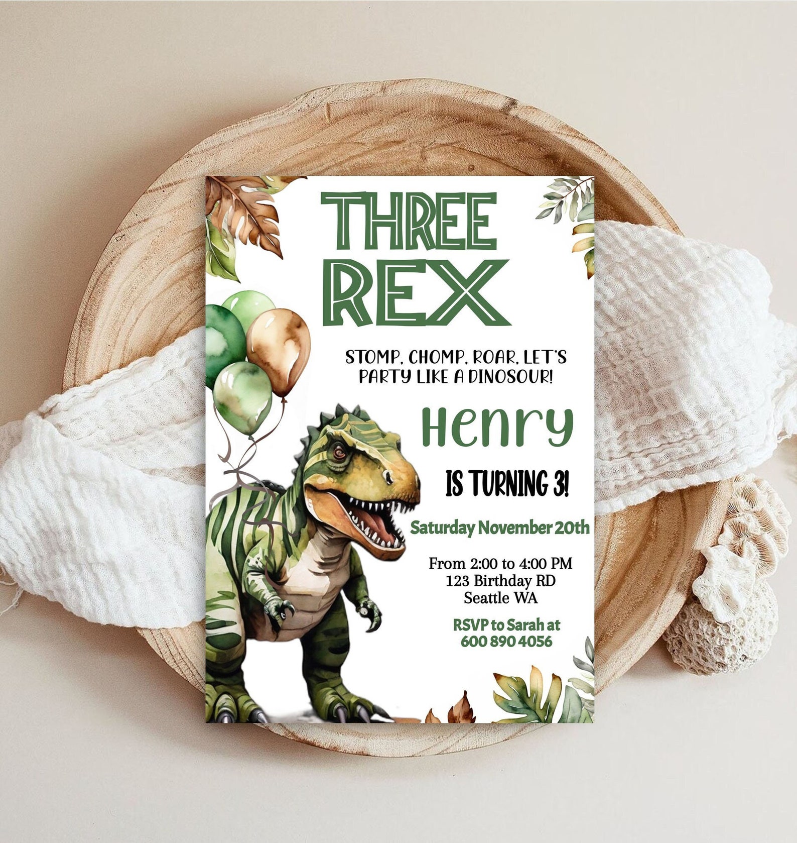 Three Rex Invitation, Boy Dinosour Invite, Dino Theme Editable Birthday ...