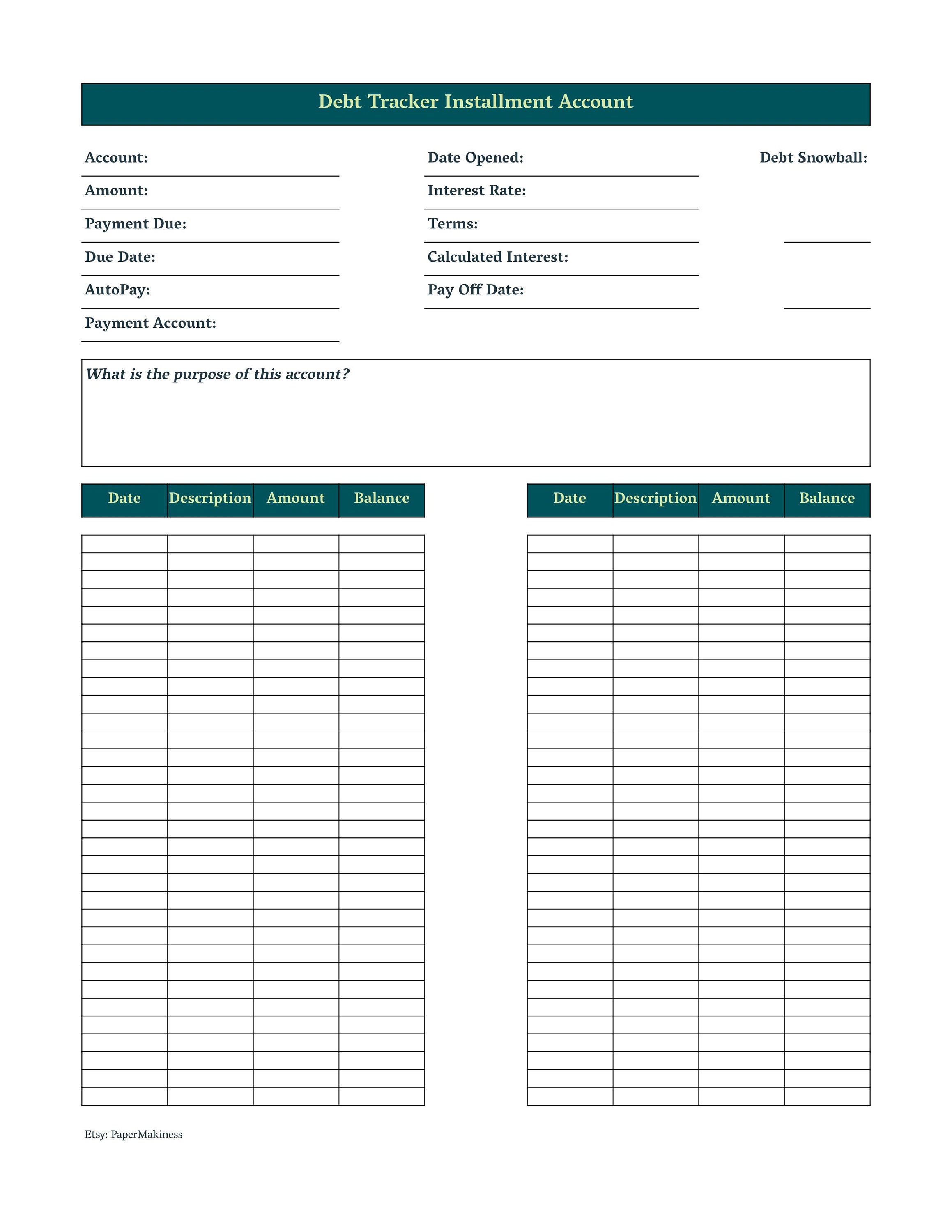 Debt Tracker Installment Account Sheet - Etsy