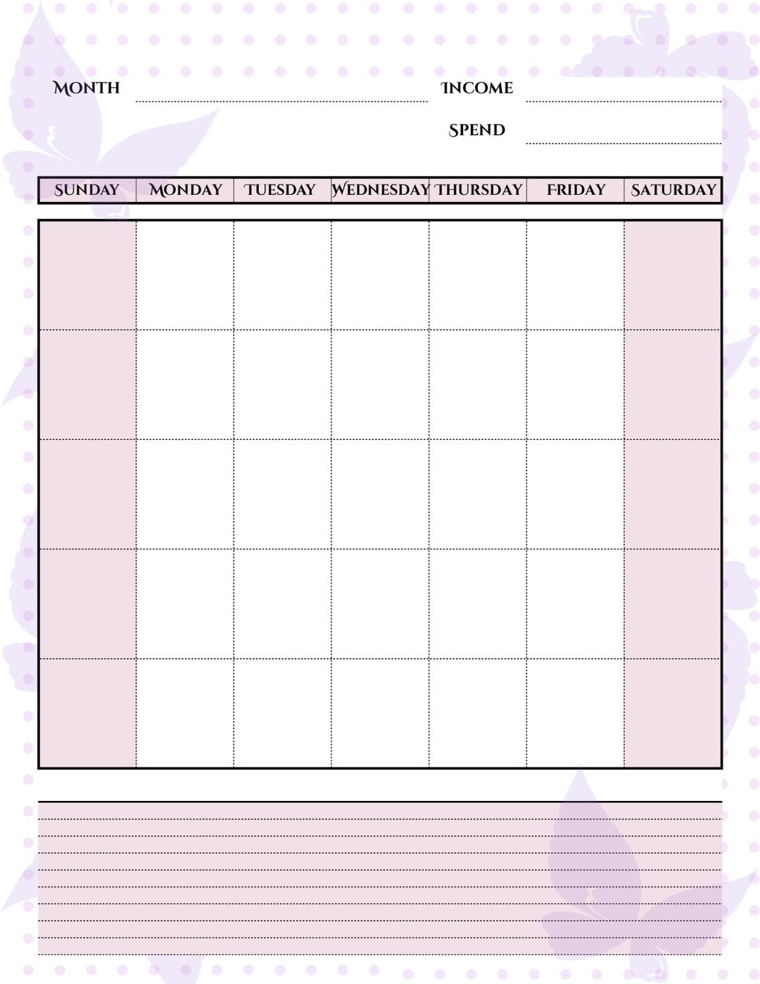Butterfly Themed Purple Blank Monthly Calendar - Printable Planner ...