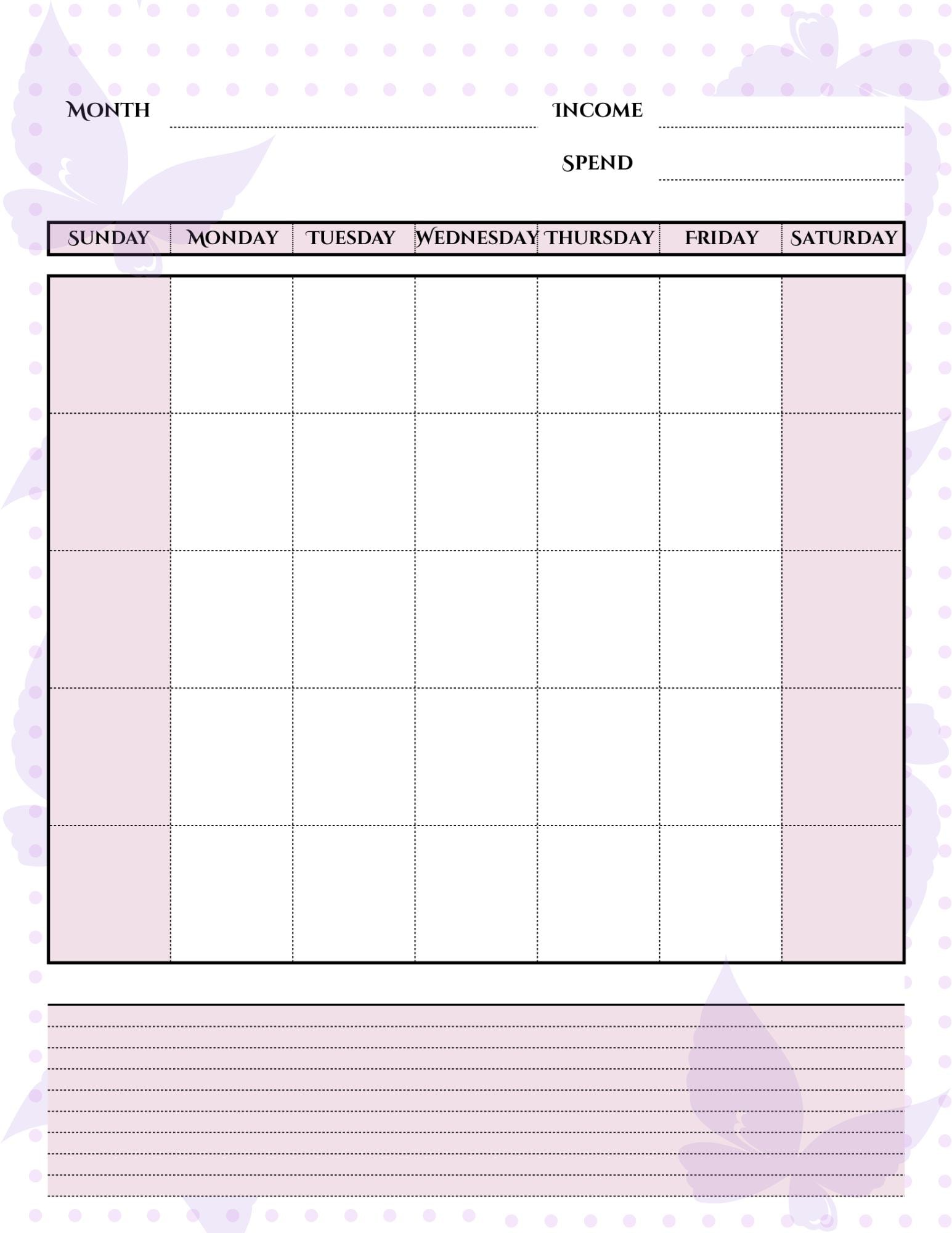 Butterfly Themed Purple Blank Monthly Calendar - Printable Planner ...