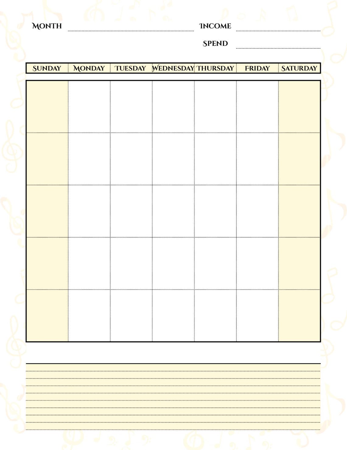 Printable Blank Monthly Calendar - Soft Sunrise Pastel Yellow With ...