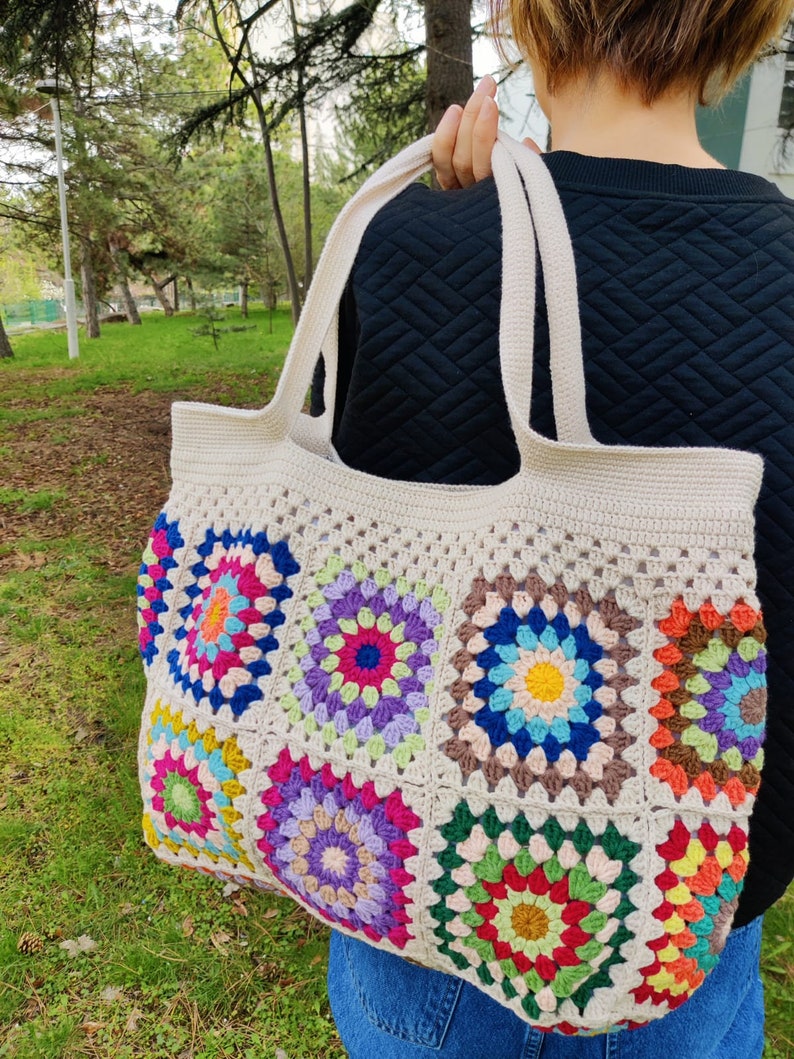 Granny Square Boho Bag, Crochet Tote Bag, Retro Bag, Hippie Tote Bag ...