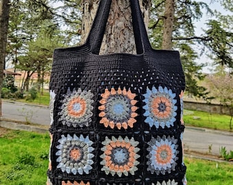 Granny Square Boho Bag, Crochet Tote Bag, Retro Bag, Hippie Tote Bag ...