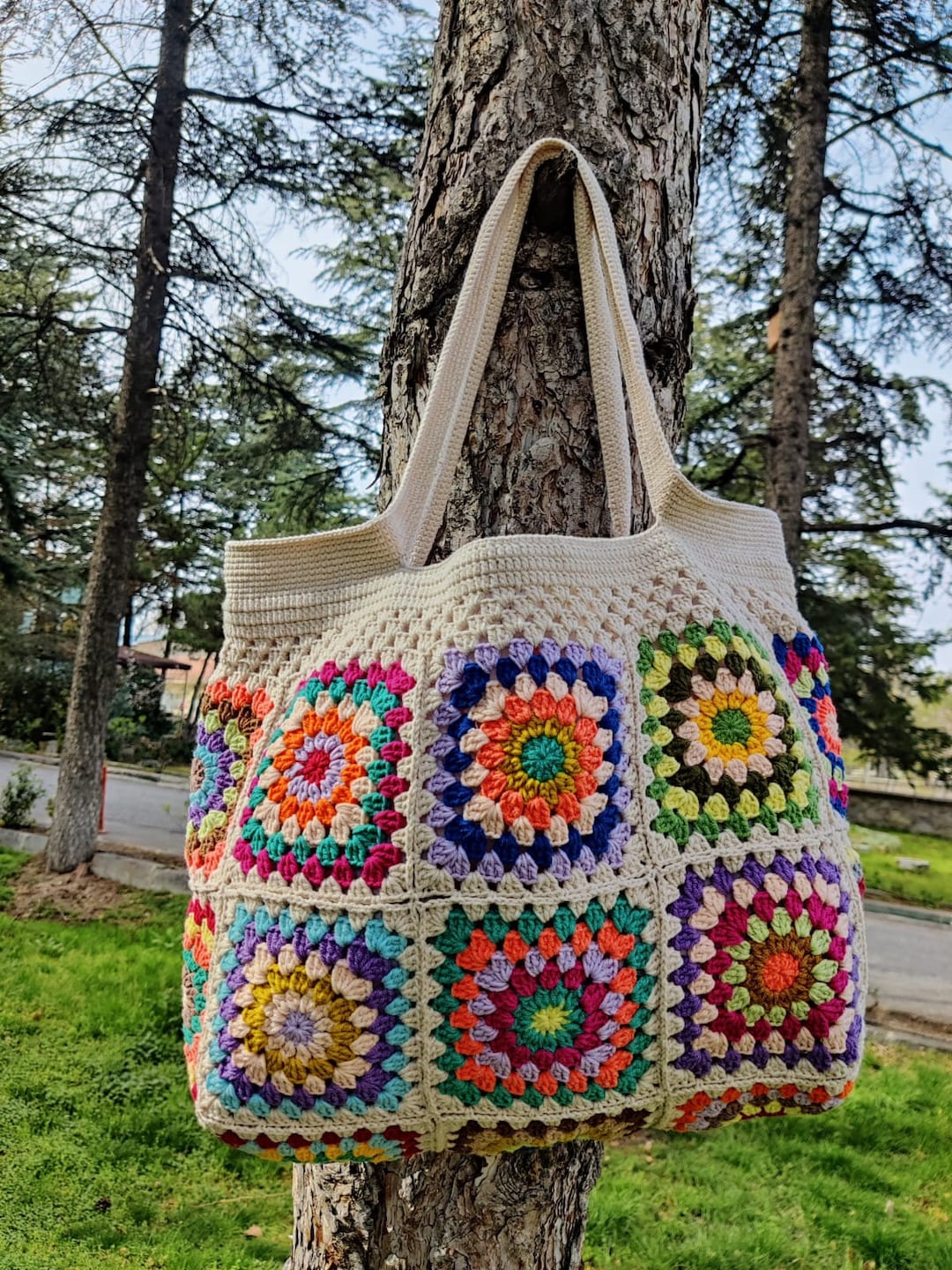 Granny Square Boho Bag, Crochet Tote Bag, Retro Bag, Hippie Tote Bag ...