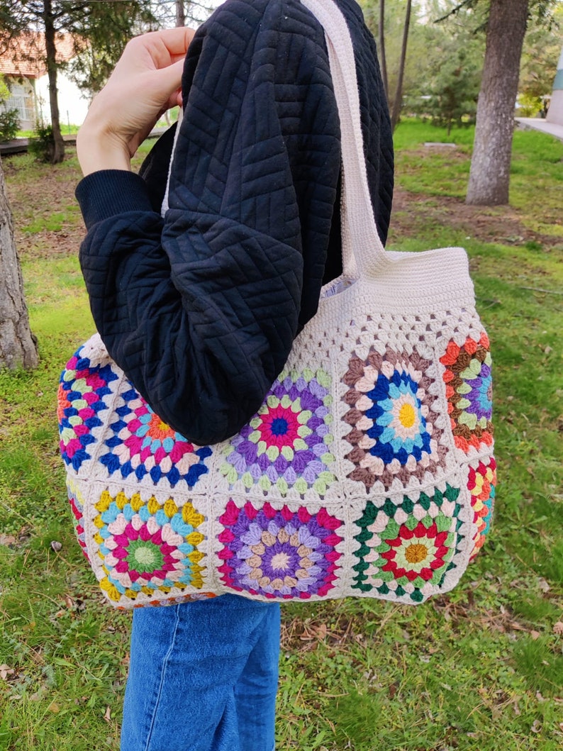 Granny Square Boho Bag, Crochet Tote Bag, Retro Bag, Hippie Tote Bag ...