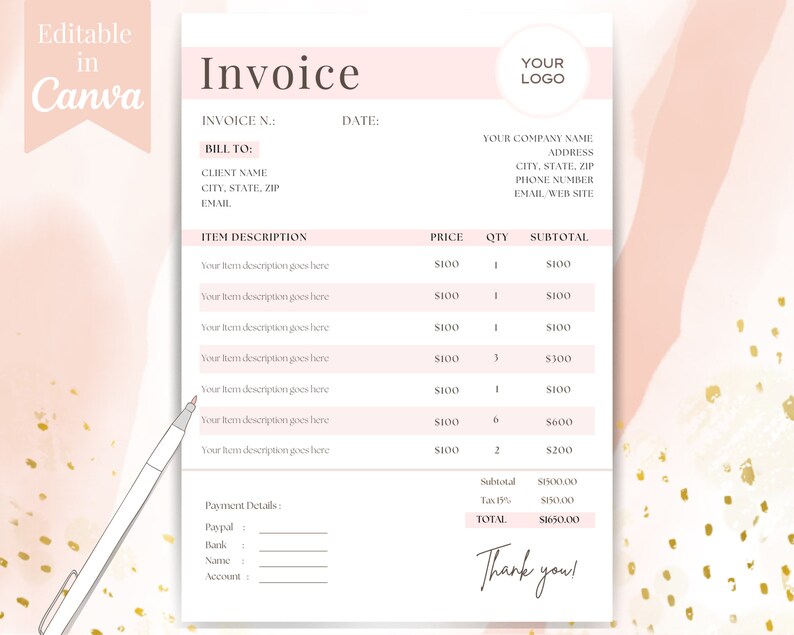 Invoice Template Editable, Printable Invoice Template, Small Business ...