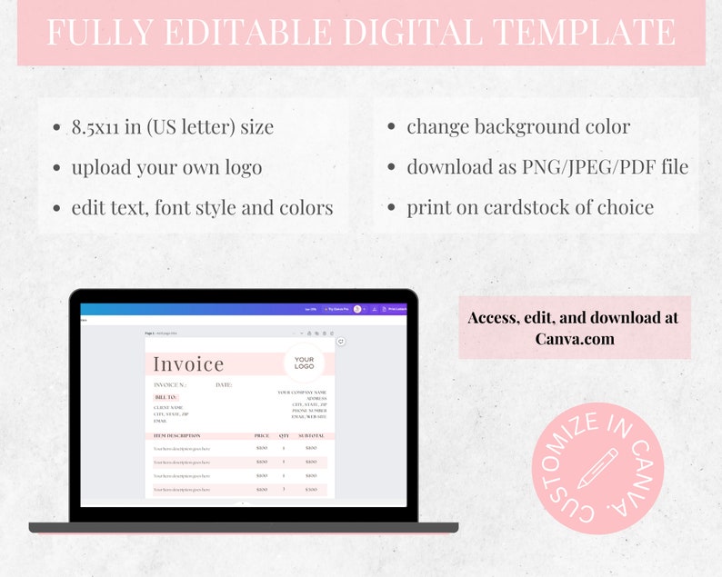 Invoice Template Editable, Printable Invoice Template, Small Business ...