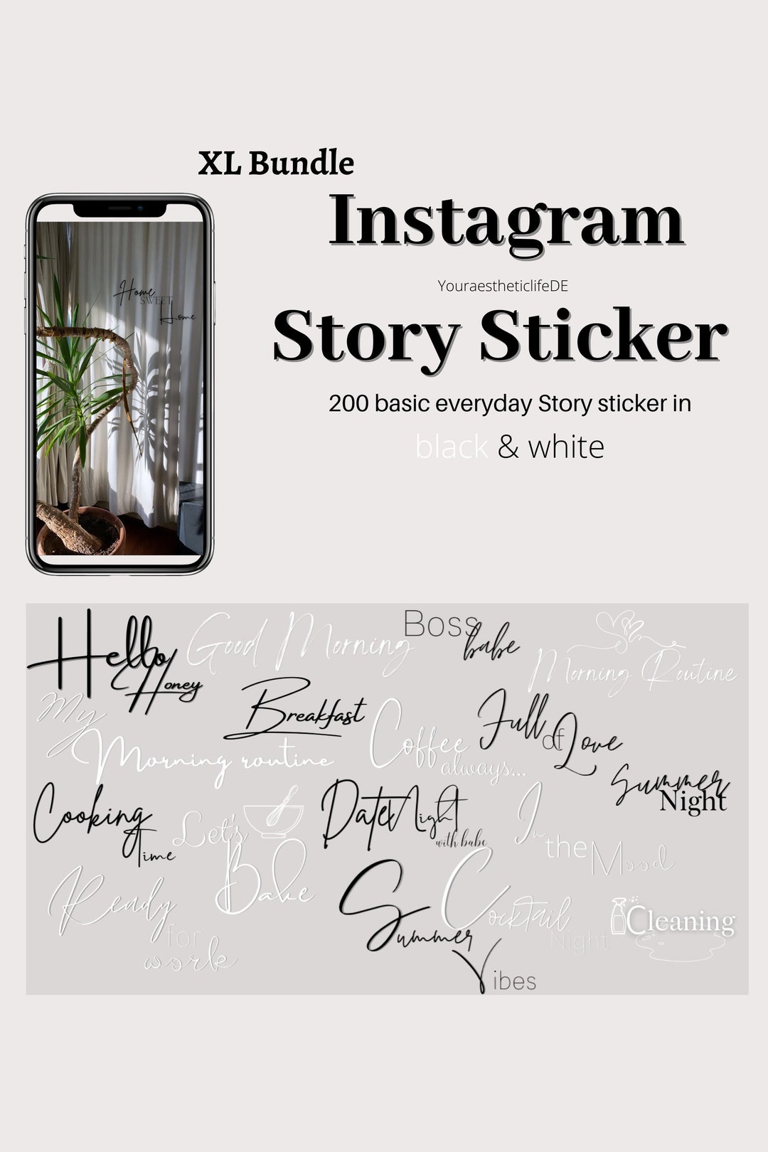 200 Instagram Story Sticker, Basic Daily, XL Bundle, Black and White ...