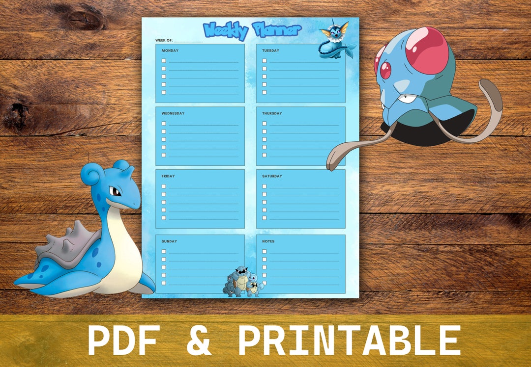 Pokemon Weekly Planner, Water, Daily Work Schedule, Weekly Planner, PDF ...