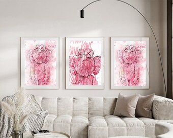 Pink Kaws Toys Poster Set of 3, Hypebeast Figure Print, Designer Wall ...