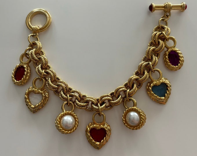 80s Givenchy Gold Plated Gripoix Pearl Charm Bracelet With Cabochon ...