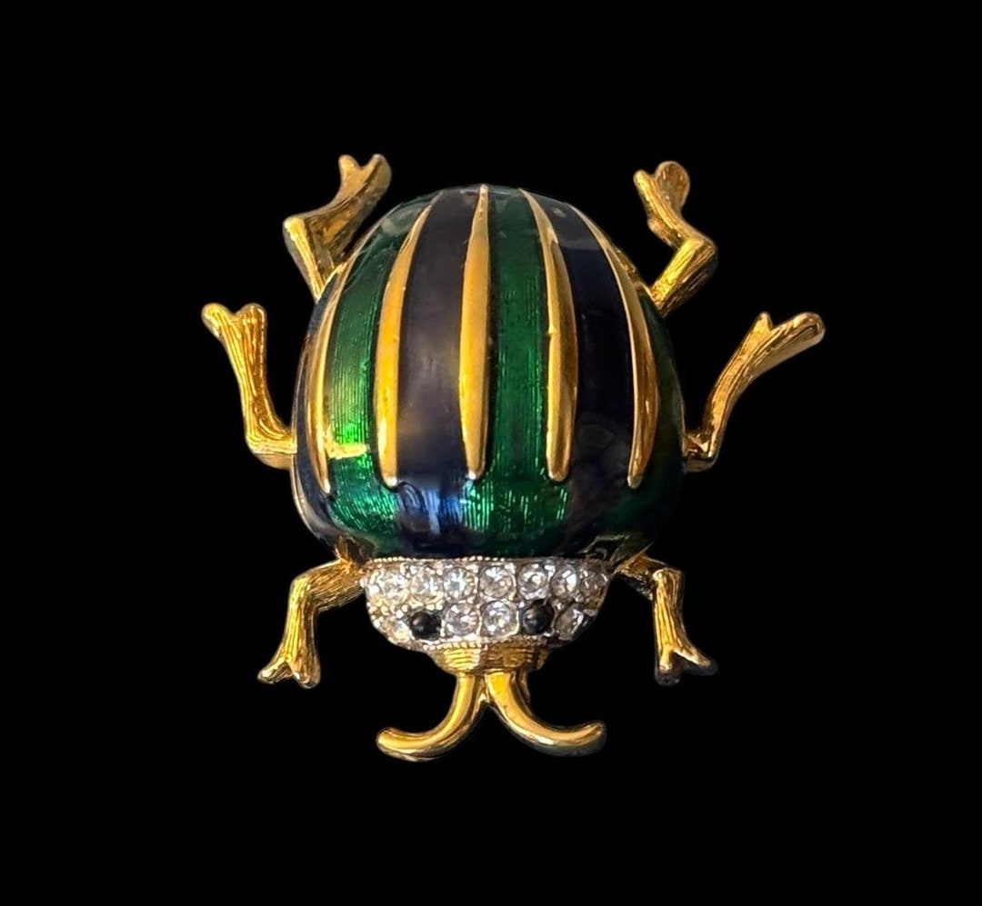 D’orlan Gold-plated Crystal Pave’ Beetle Brooch With Green and Navy ...