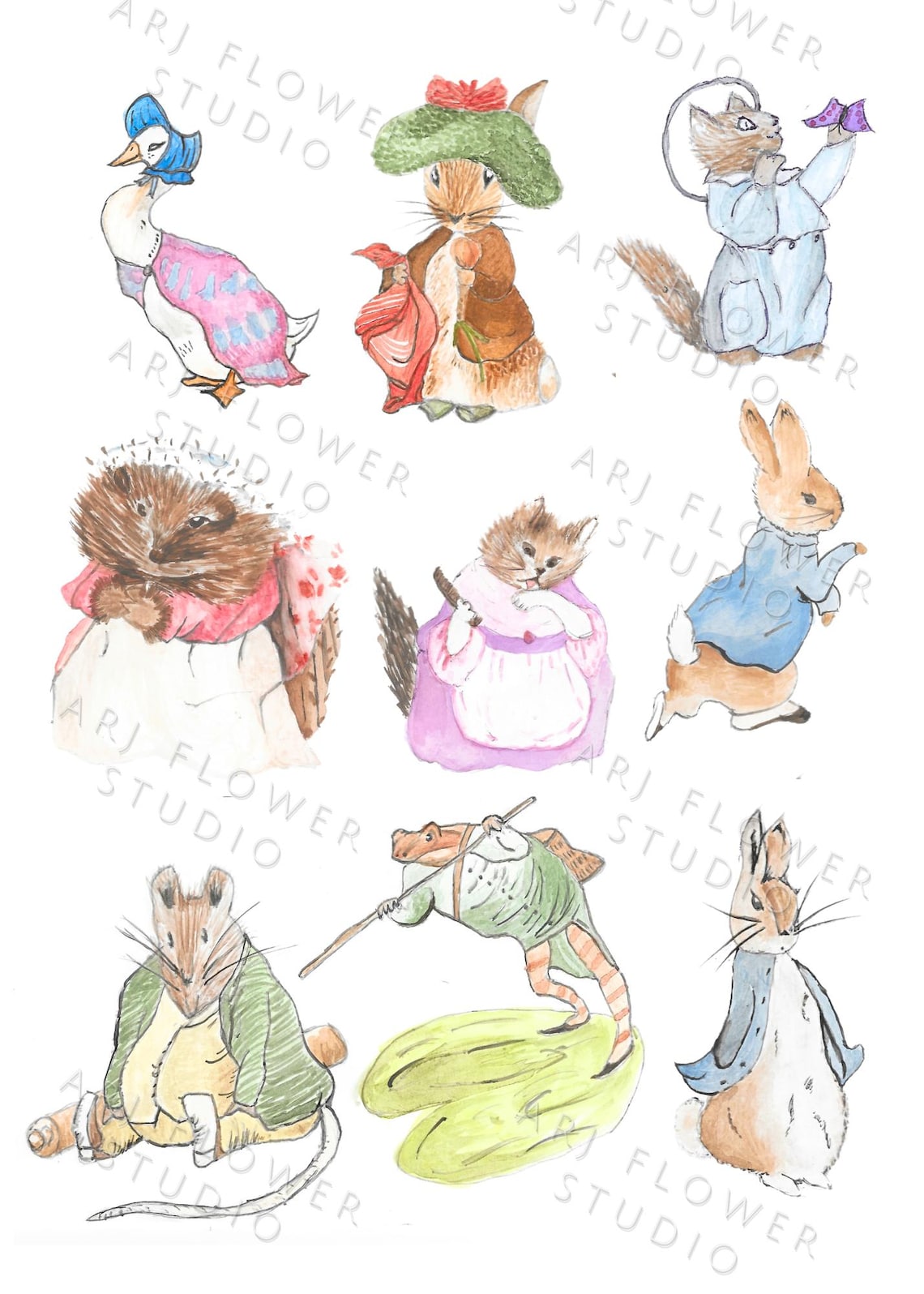 12 Beatrix Potter Characters, Peter Rabbit, Hand Drawn, Watercolor ...