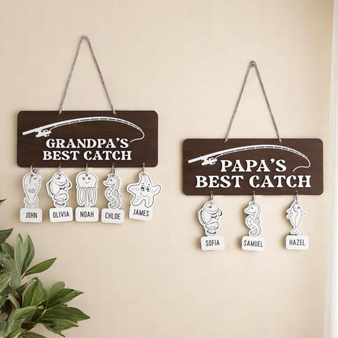 Papa’s Best Catch Sign, Personalized Wooden Fishing Gift With Kids ...