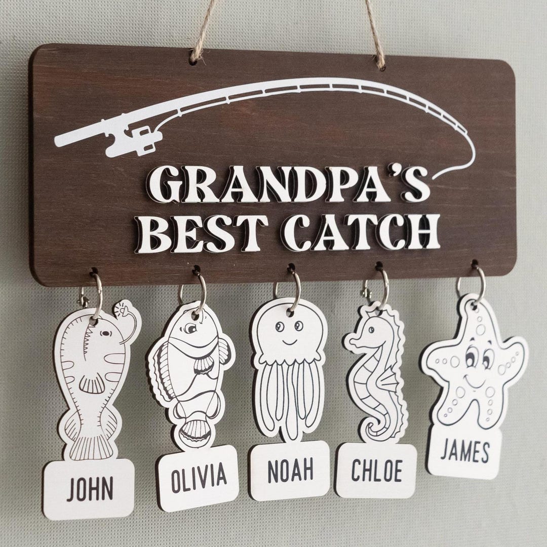 Modern Papa’s Best Catch Sign, Custom Kids Name Fishing Gift ...