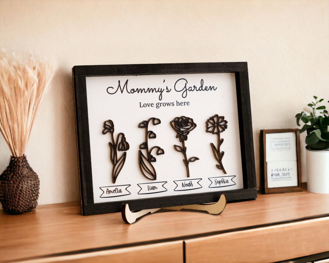 Birth Month Flower Art, With Children Names, Wooden Sign, Grandkids ...