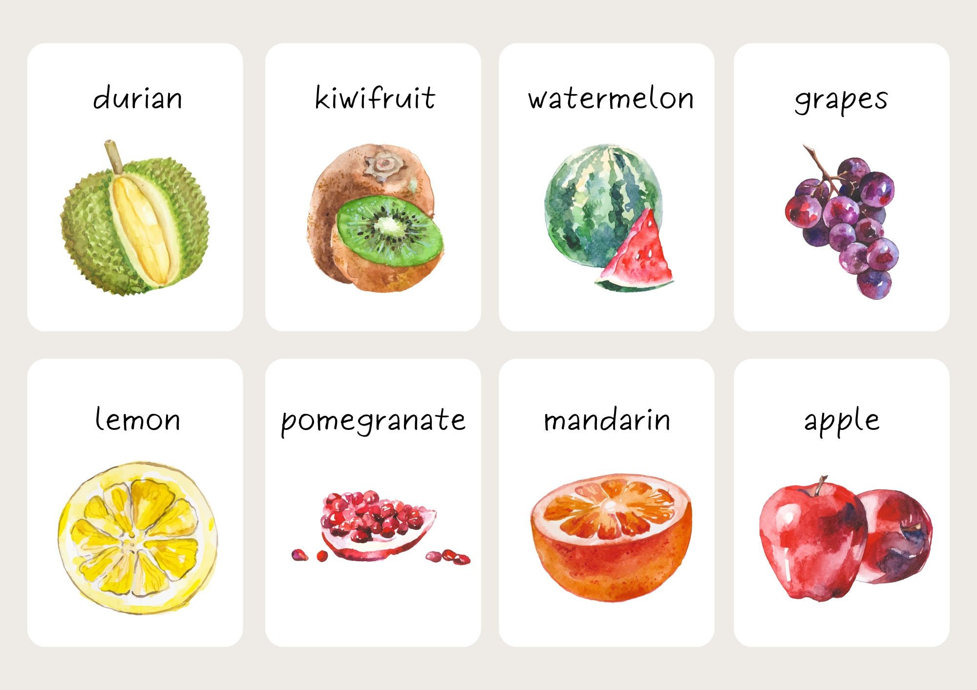 24x Watercolour FRUIT Flashcards-mini | VOCABULARY PRESCHOOL - Etsy