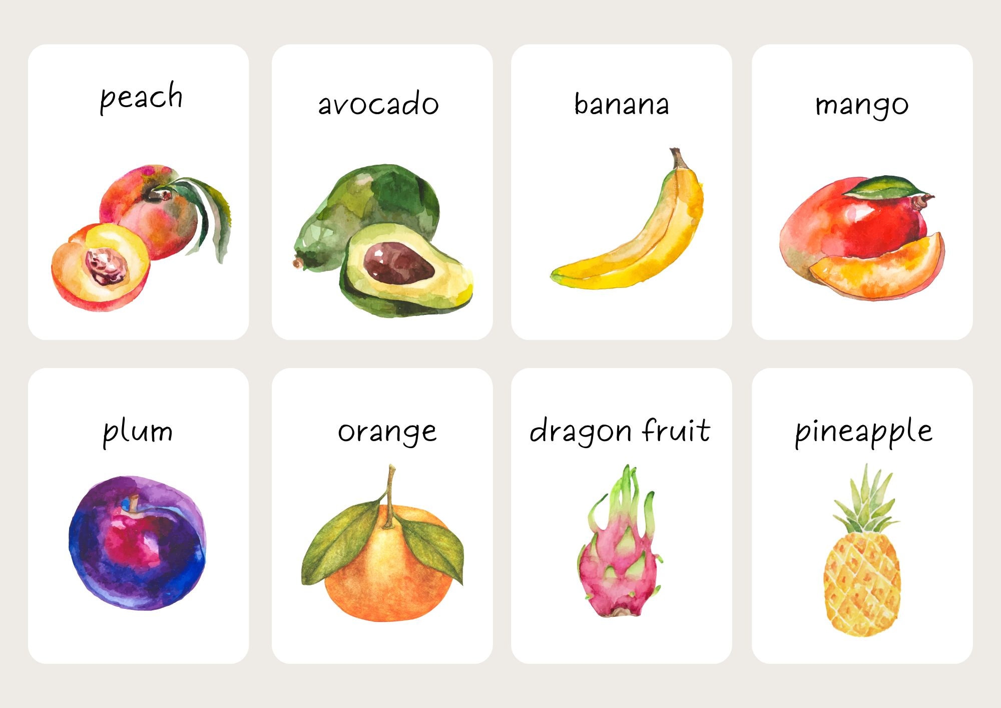 24x Watercolour FRUIT Flashcards-mini | VOCABULARY PRESCHOOL - Etsy