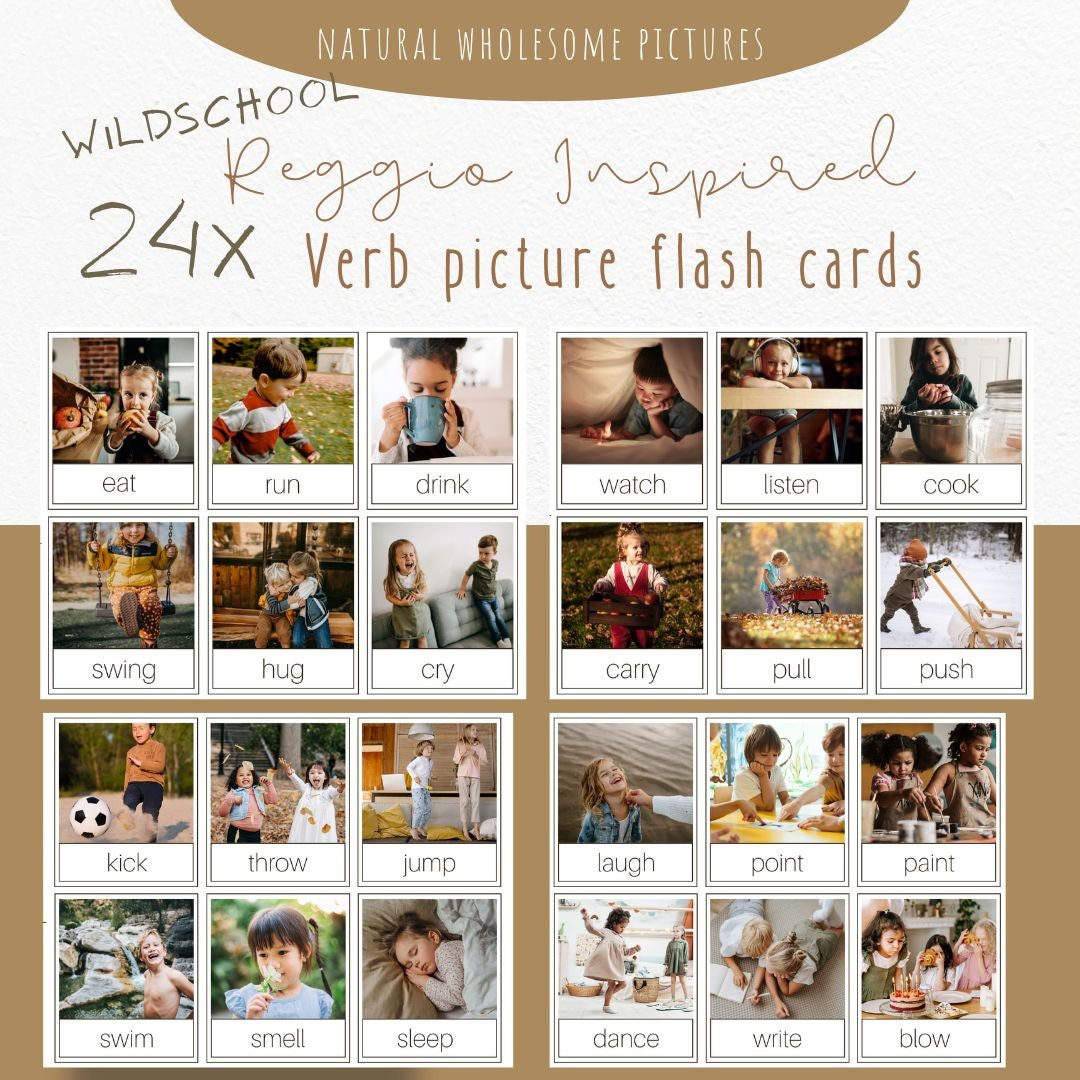 24x VERB Flash Cards Natural Reggio Inspired Real Photos Morning Basket ...