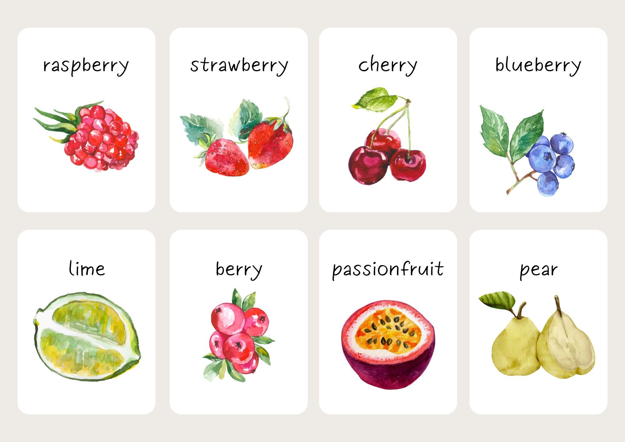 24x Watercolour FRUIT Flashcards-mini VOCABULARY PRESCHOOL - Etsy