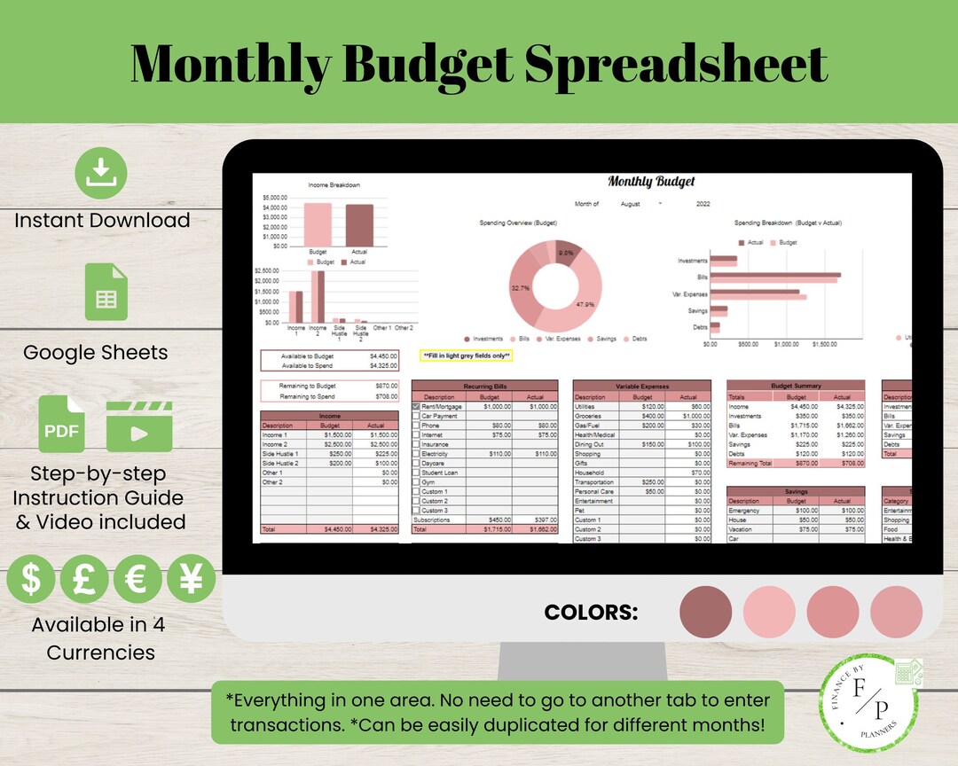 Pink Monthly Budget Google Sheets Template, Budget Spreadsheet, Budget ...