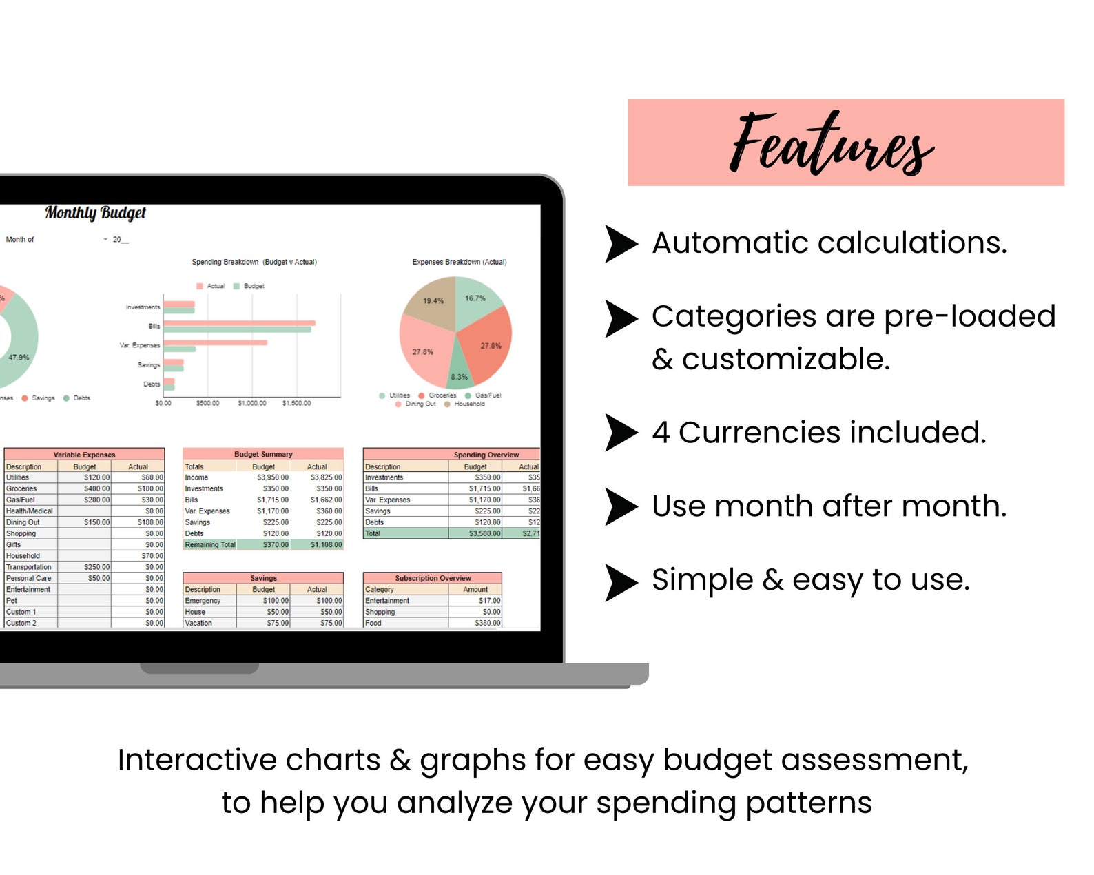 Monthly Budget Google Sheets Spreadsheet Template | Simple Digital ...