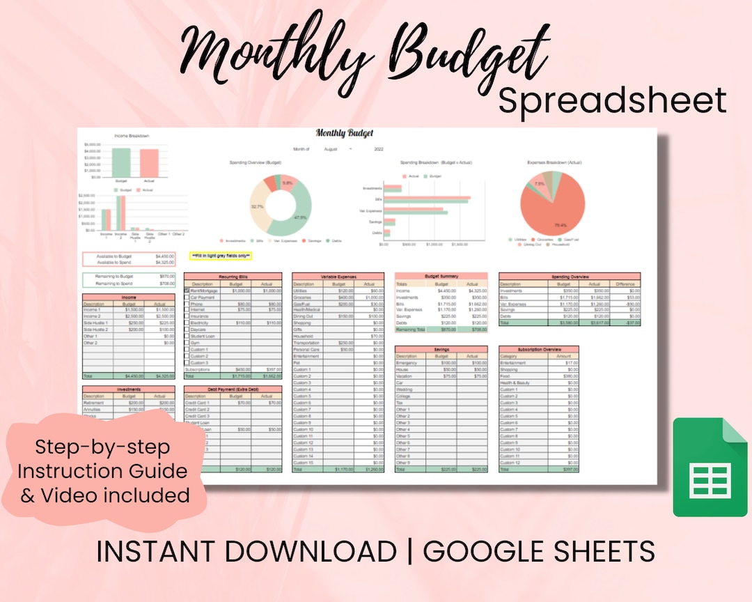 Monthly Budget Google Sheets Spreadsheet Template | Simple Digital ...