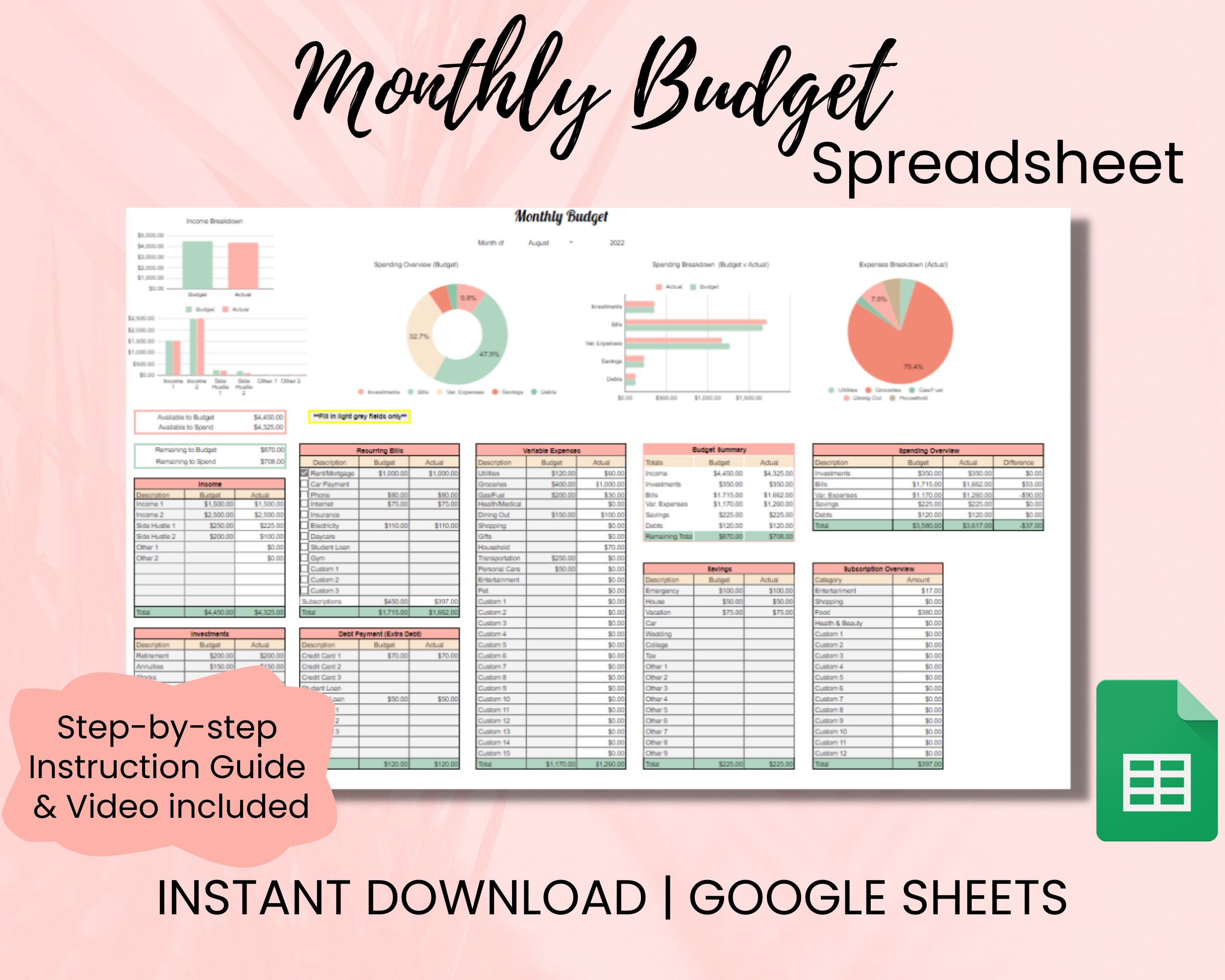 Monthly Budget Google Sheets Spreadsheet Template Simple - Etsy