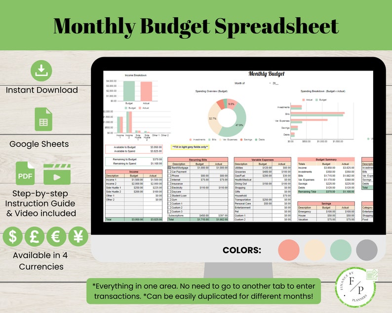 Monthly Budget Spreadsheet Template, Google Sheets Budget Template ...