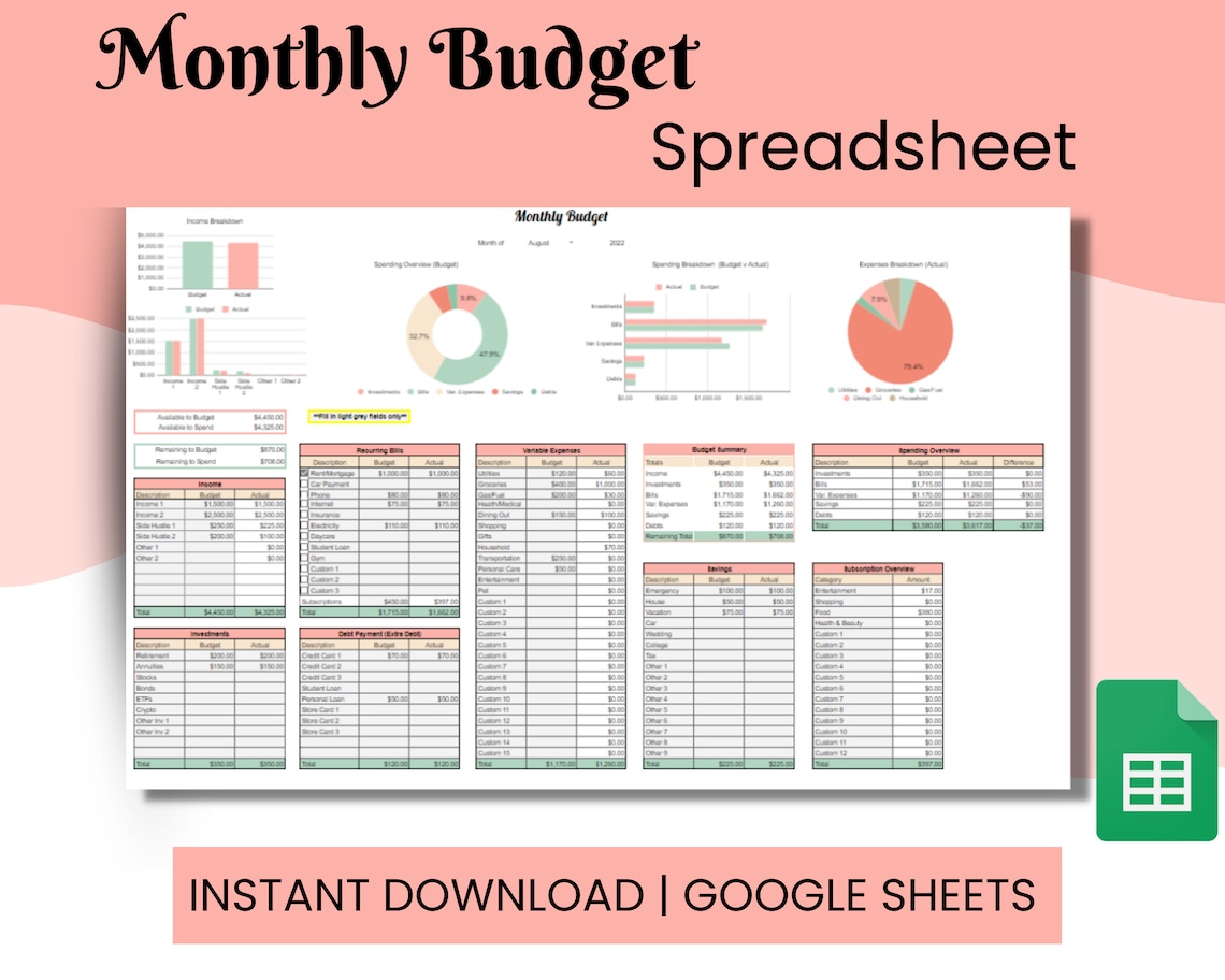 Monthly Budget Spreadsheet Template for Google Sheets, Budget Planner ...