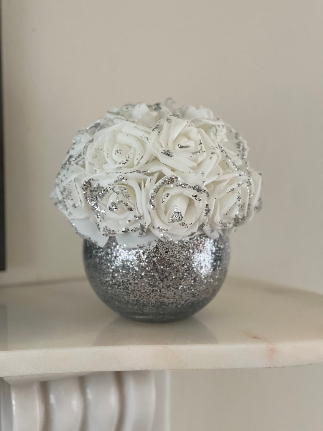 White Glitter Roses in Silver Glitter Fishbowl - Etsy