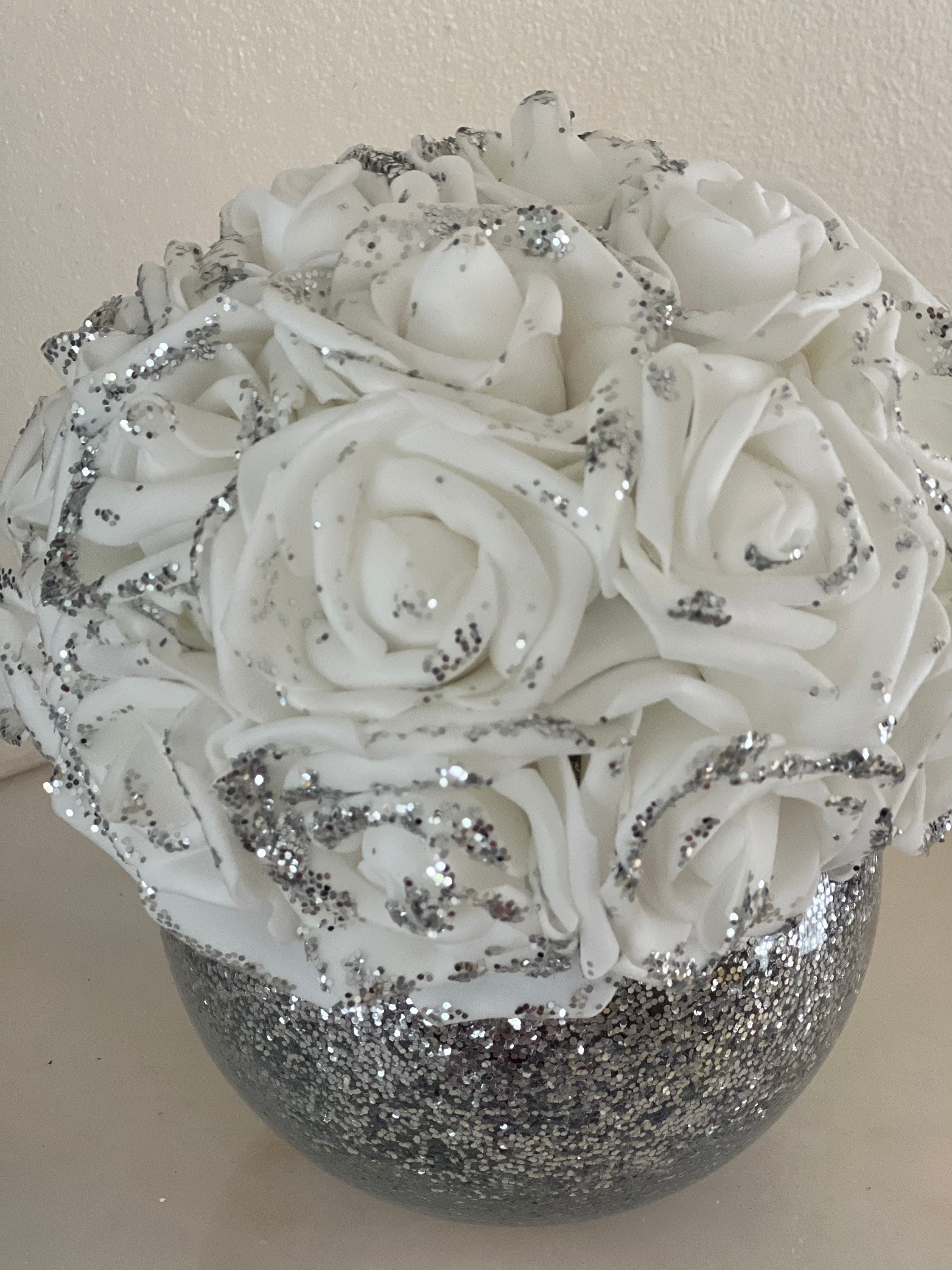 White Glitter Roses in Silver Glitter Fishbowl - Etsy