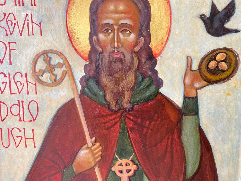 St. Kevin of Glendalough Original Iconography HANDMADE Icon Saint of ...
