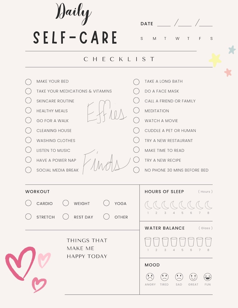 Daily Self Care Checklist Digital Printable to Do List Health Mental ...