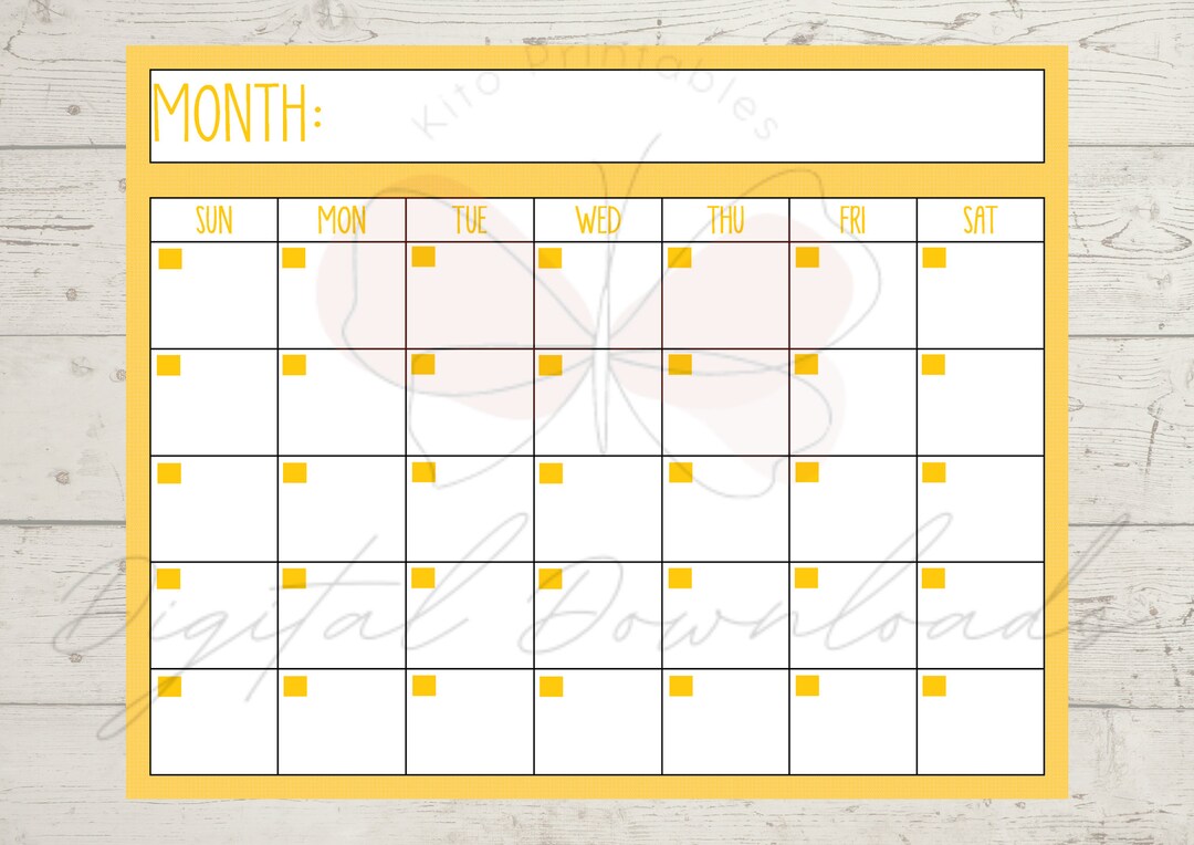 Printable Yellow Calendar, Printable, Blank Calendar, Digital, Download ...