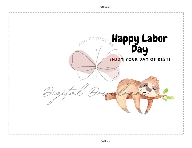 Printable Labor Day Card, Happy Labor Day Card, Cute Resting Sloth Card, Instant Download ...